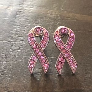 Jewelry | Silver Tone Pink Crystal Breast Cancer Ribbon Stud | Poshmark